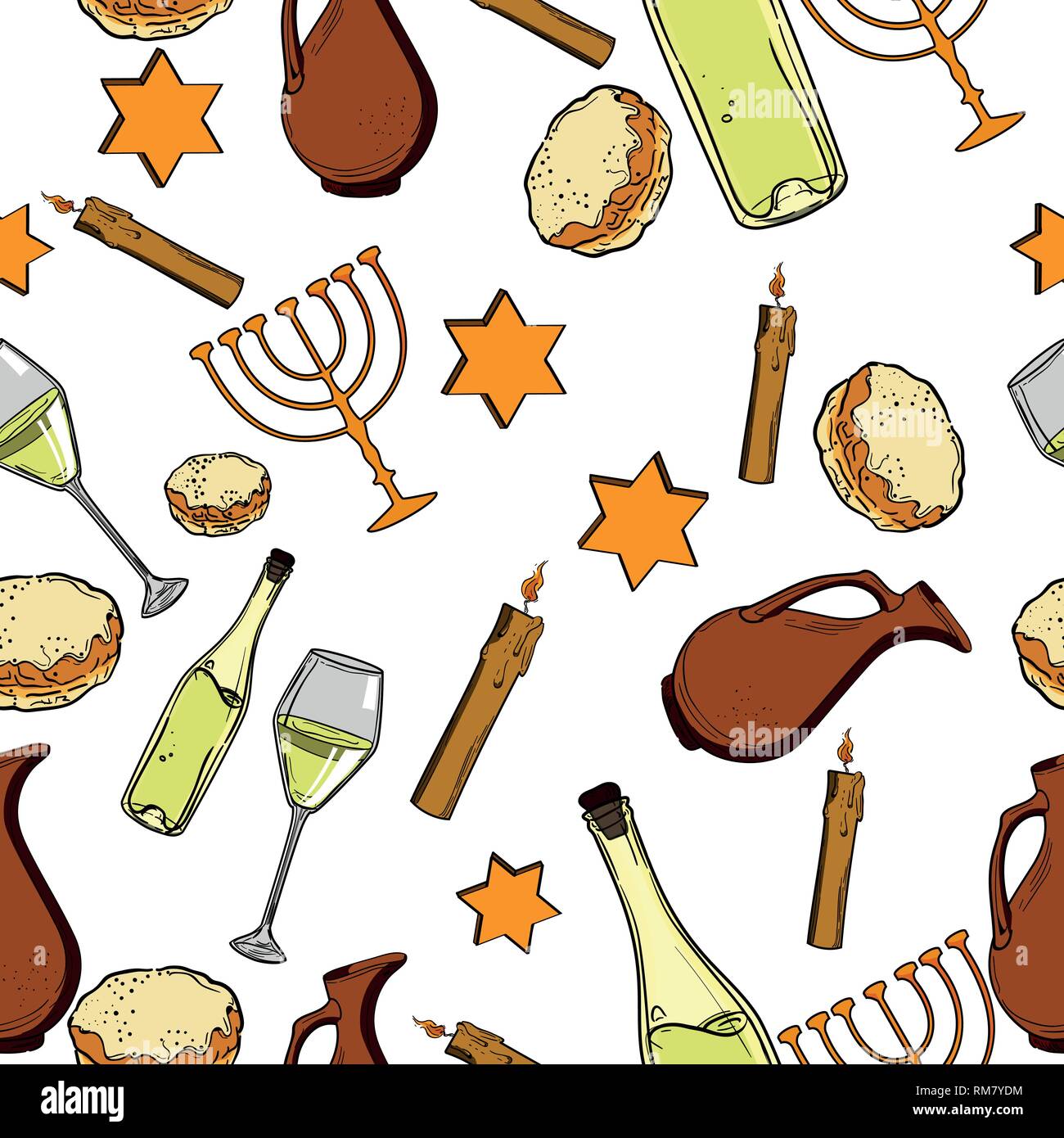 Seamless pattern with Hanukkah symbols. Israel festival objects and ...
