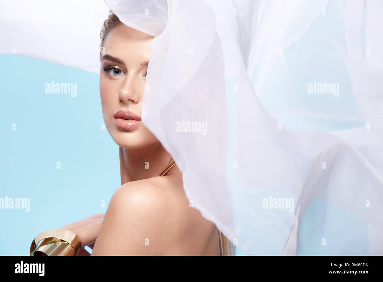 Lovely blonde girl. Clouds. Close up portrait. Skin care. Fresh skin ...