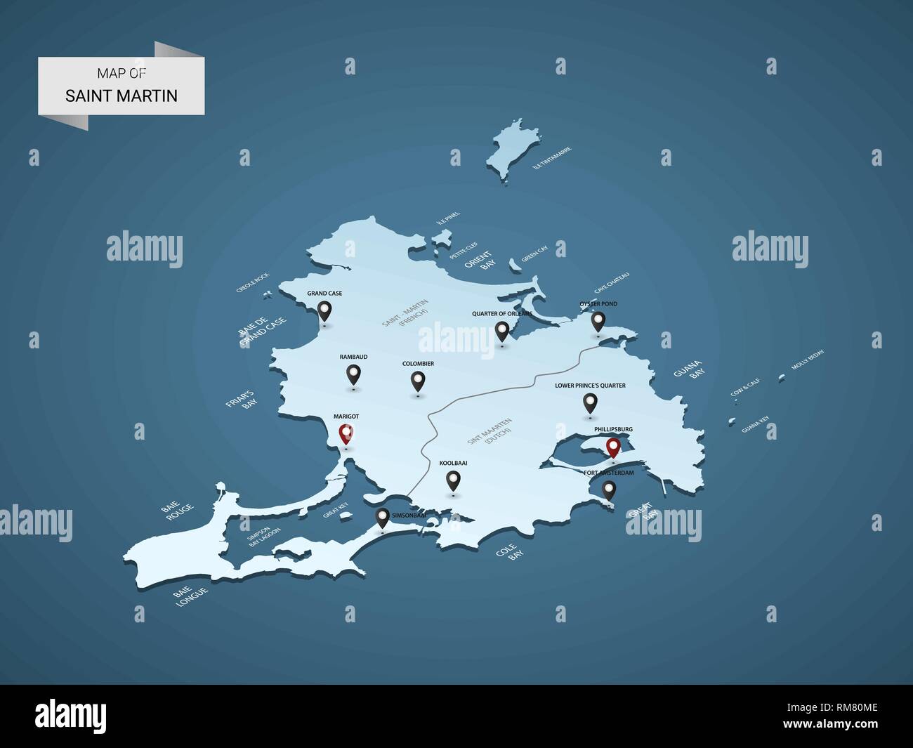 Isometric 3D Saint Martin map, vector illustration with cities, borders ...