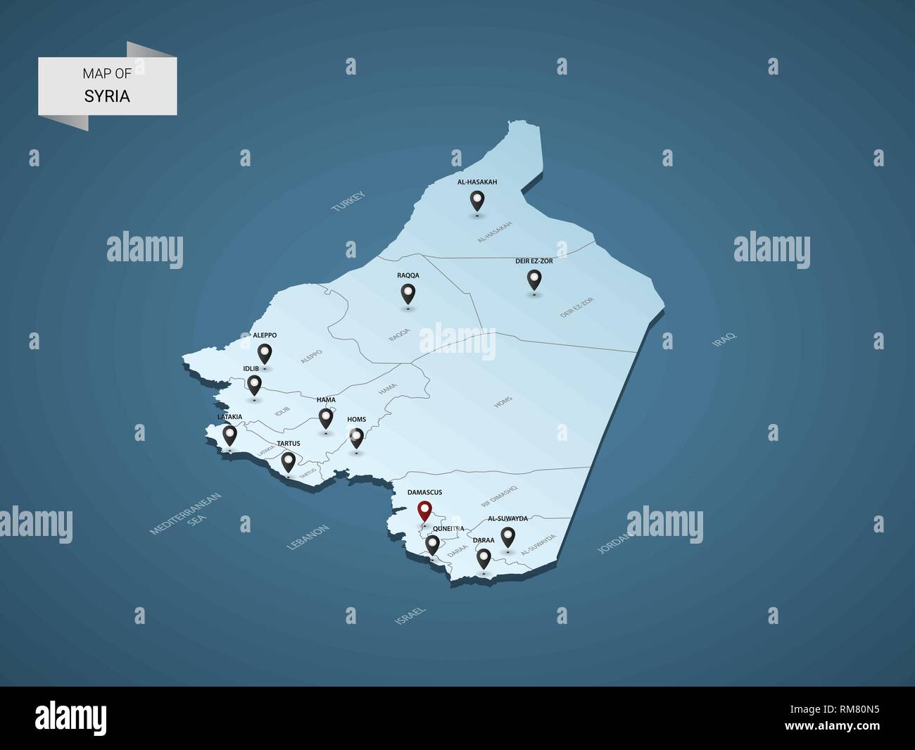 Isometric 3D Syria map, vector illustration with cities, borders ...