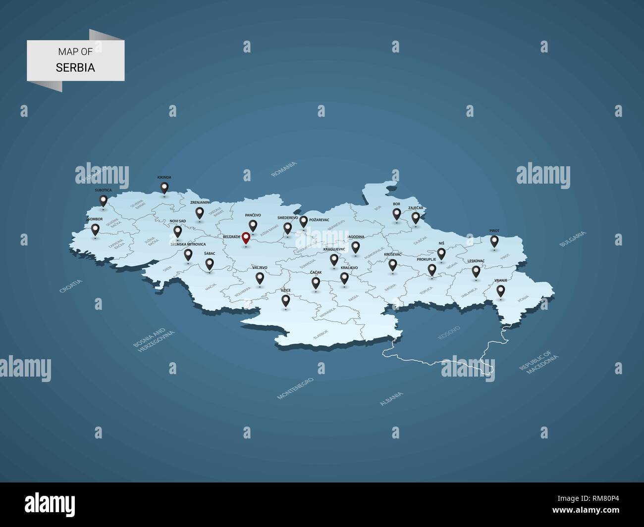 Isometric 3D Serbia map, vector illustration with cities, borders ...