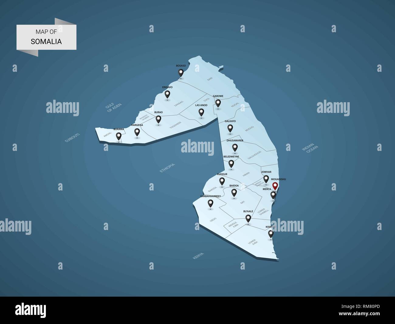 Isometric 3D Somalia map, vector illustration with cities, borders ...