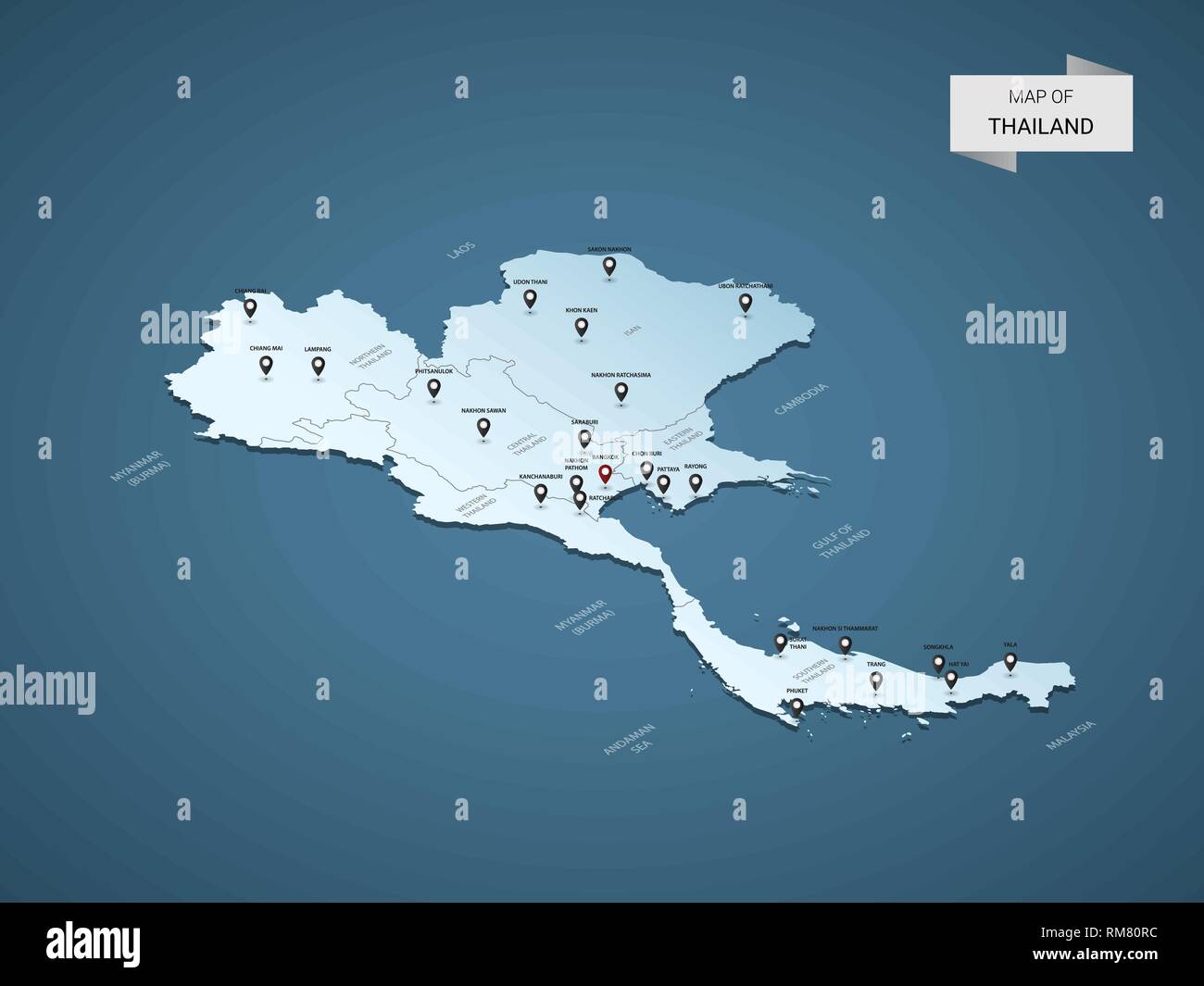 Isometric 3D Thailand map, vector illustration with cities, borders ...