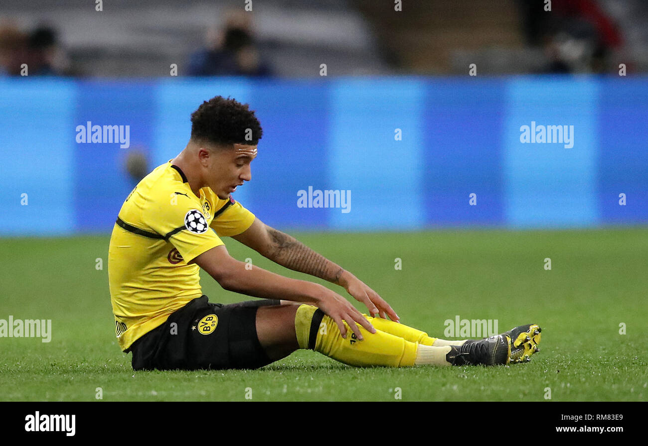 Borussia Dortmund's Jadon Sancho reacts to a foul during the UEFA ...