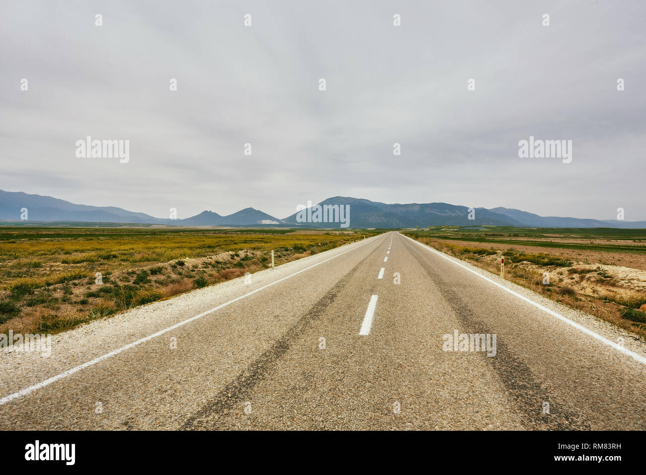 The road leading into the distance, the mountains on the horizon and ...
