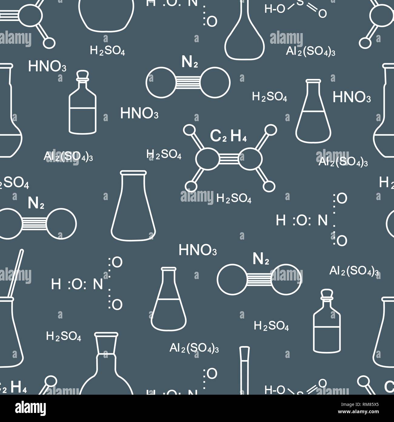 Scientific vector seamless pattern with flasks, beakers, molecule ...