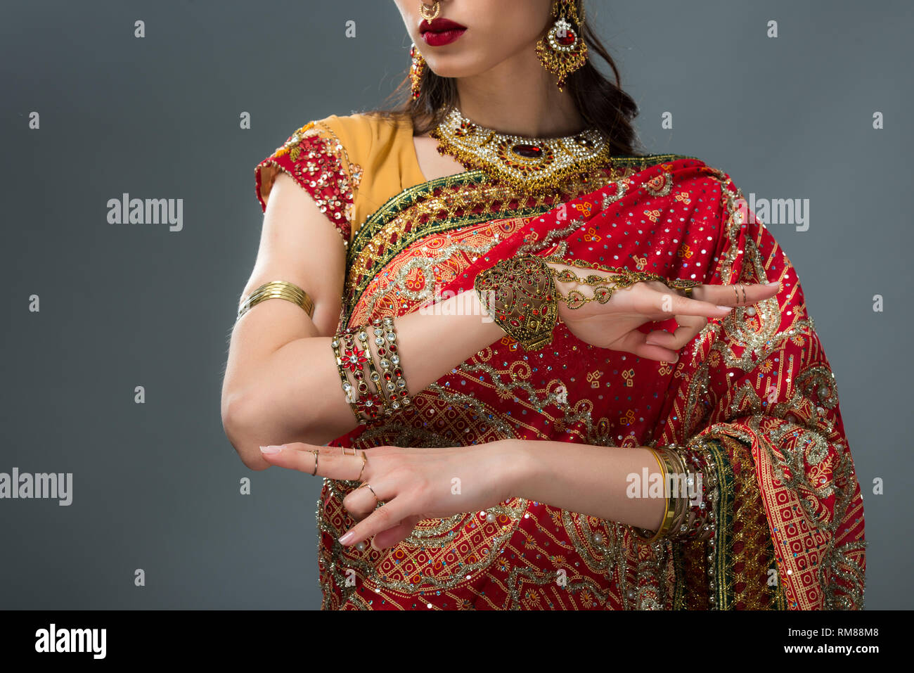 cropped view of indian woman in traditional clothing showing Window ...