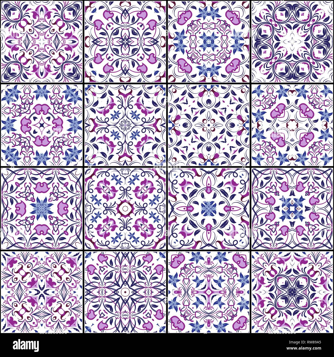 A collection of ceramic tiles in violet colors. Set of square patterns ...