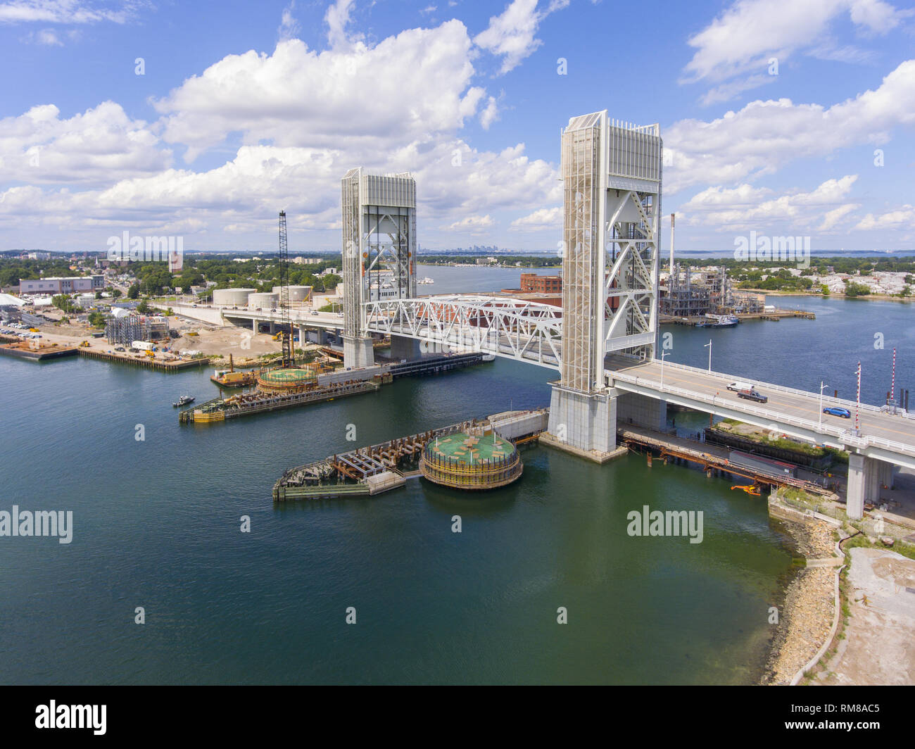Aerial view of Weymouth Fore River and Fore River Bridge in Quincy ...