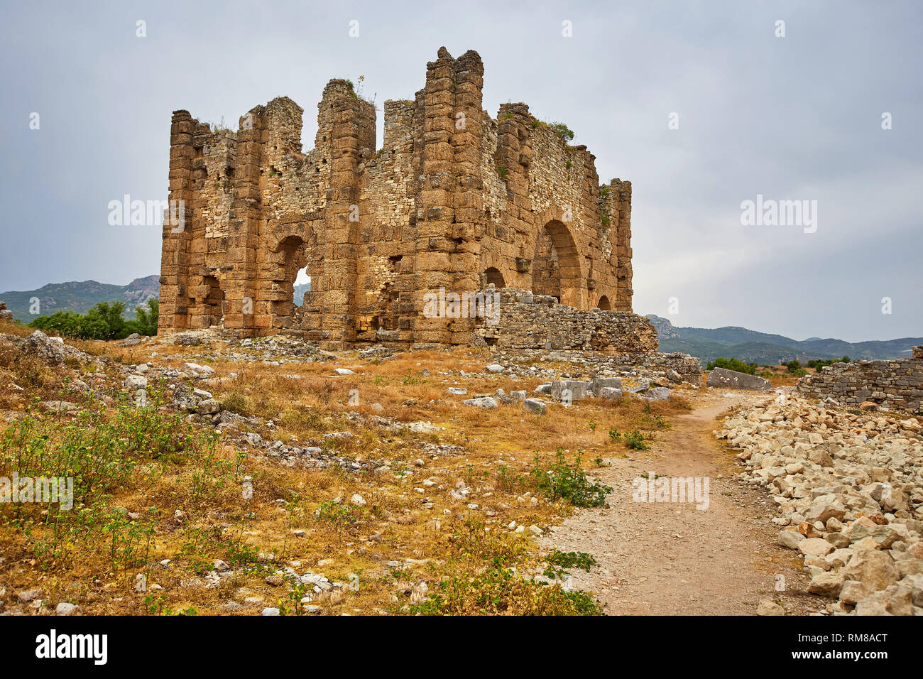 View of the basilica ruins in ancient Greco-Roman city Aspendos near ...