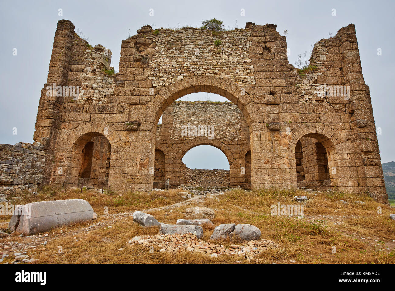 View of the basilica ruins in ancient Greco-Roman city Aspendos near ...