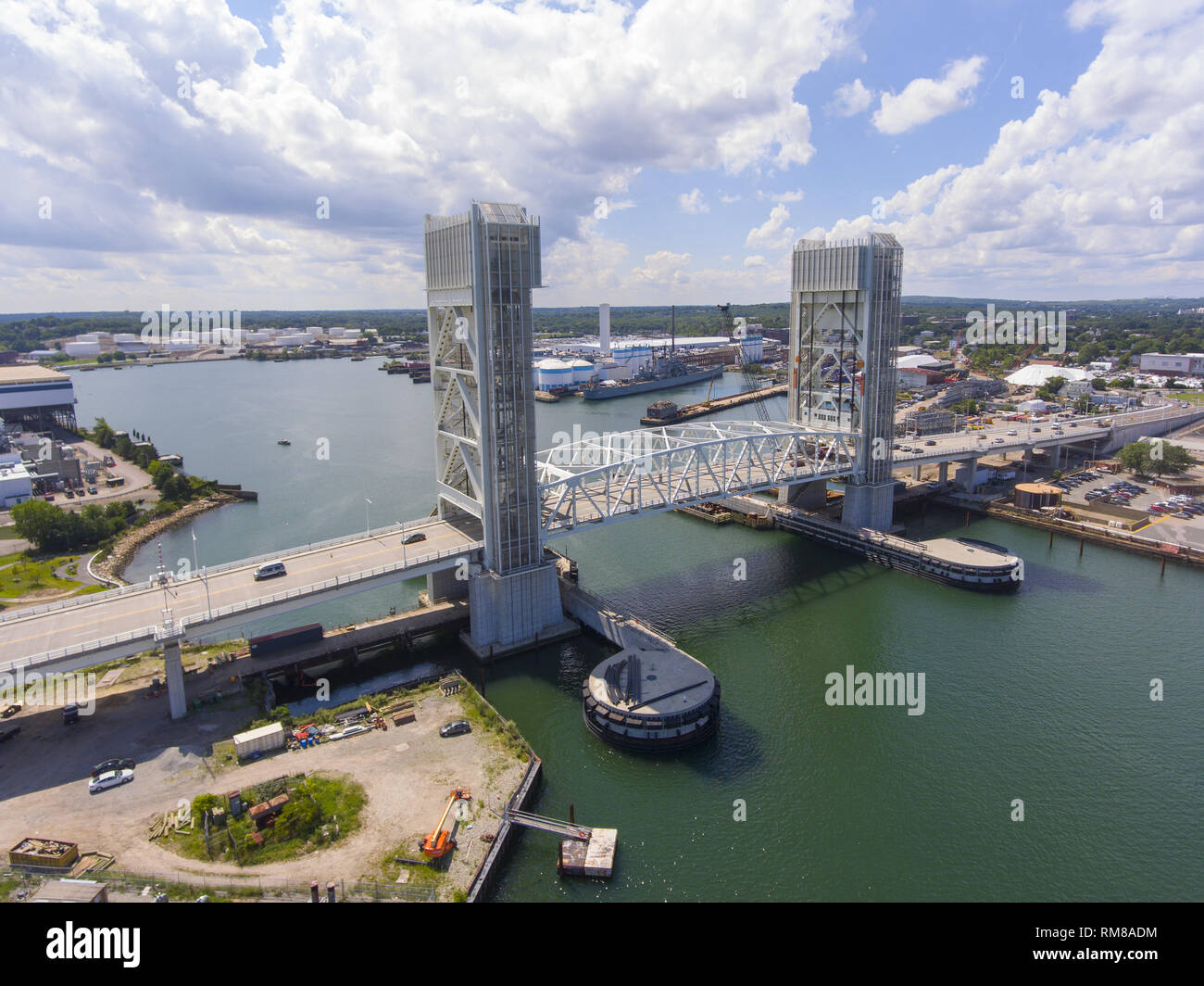 Aerial view of Weymouth Fore River and Fore River Bridge in Quincy ...