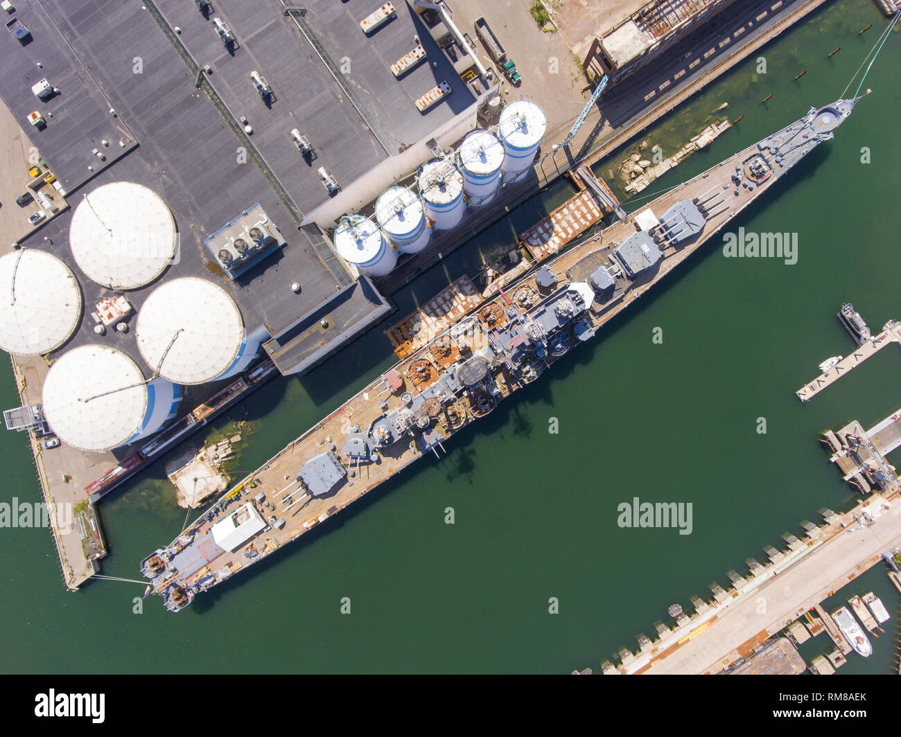 Aerial view of USS Salem CA-139 heavy cruiser in Quincy, Massachusetts ...