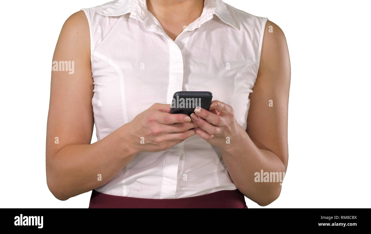 Women's hands holding cell telephone on white background Stock Photo ...