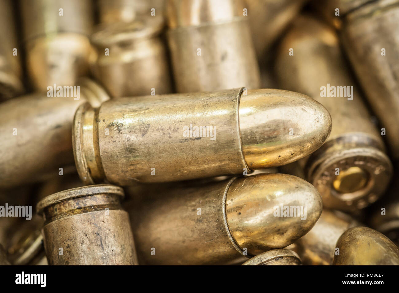 Top detail macro view of large group of gun bullets. Ammunition ...