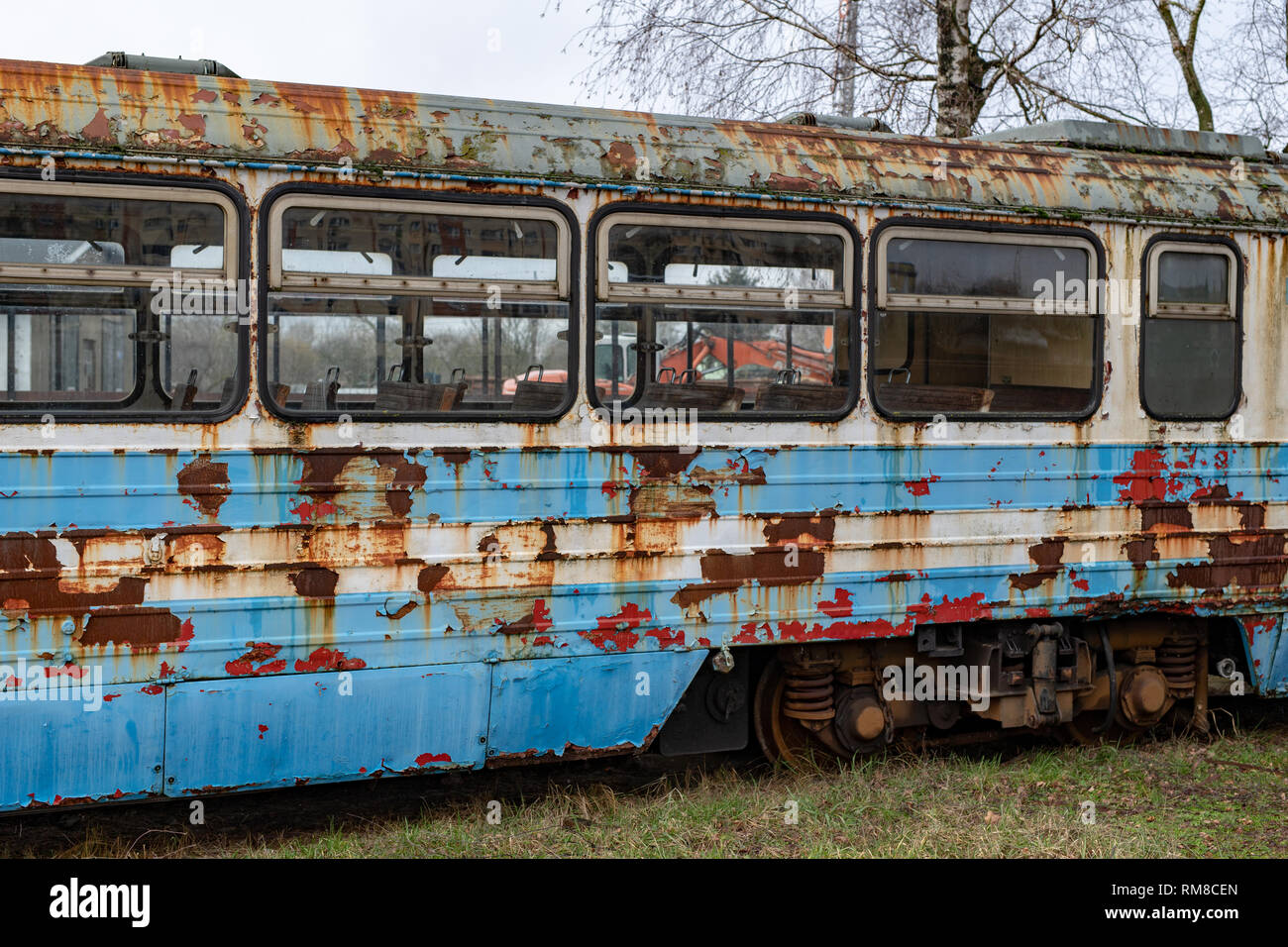 Old rusty wagon of the narrow gauge railway. Place of stationing of old ...