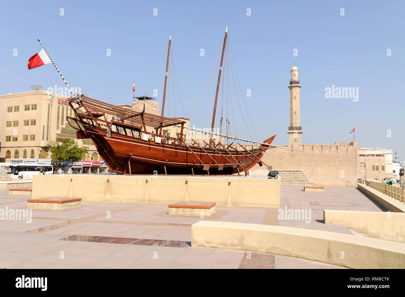 A large wooden model of a Dhow (Arab boat) is a monument and stands ...