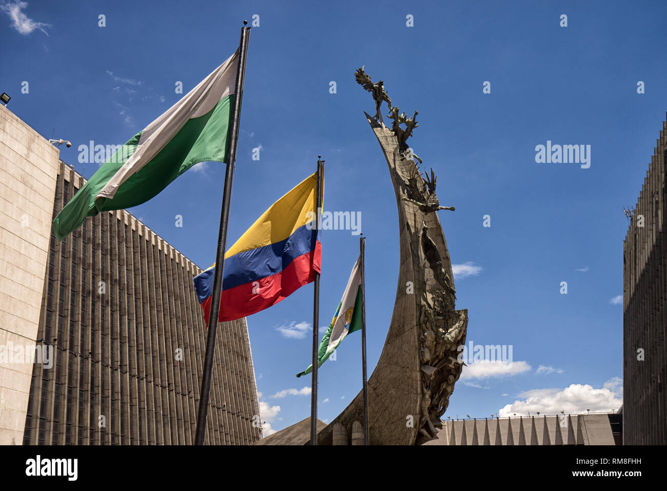 Medellin, Colombia - July 25, 2018: flags and statue at the Alpujarra ...