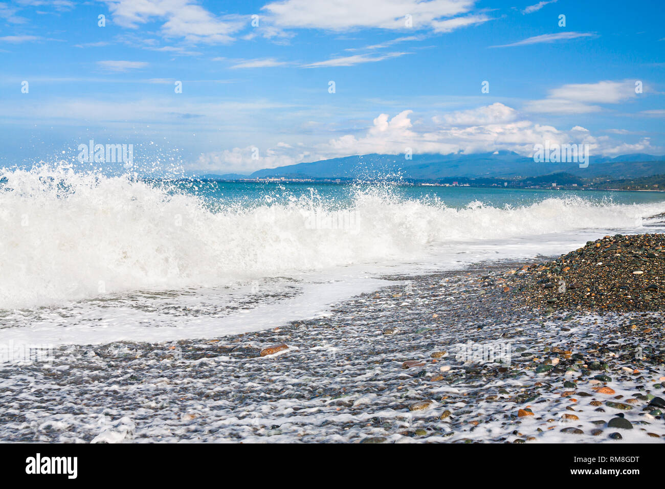 beautiful sea landscape with blue sky and white clouds. panoramic view ...