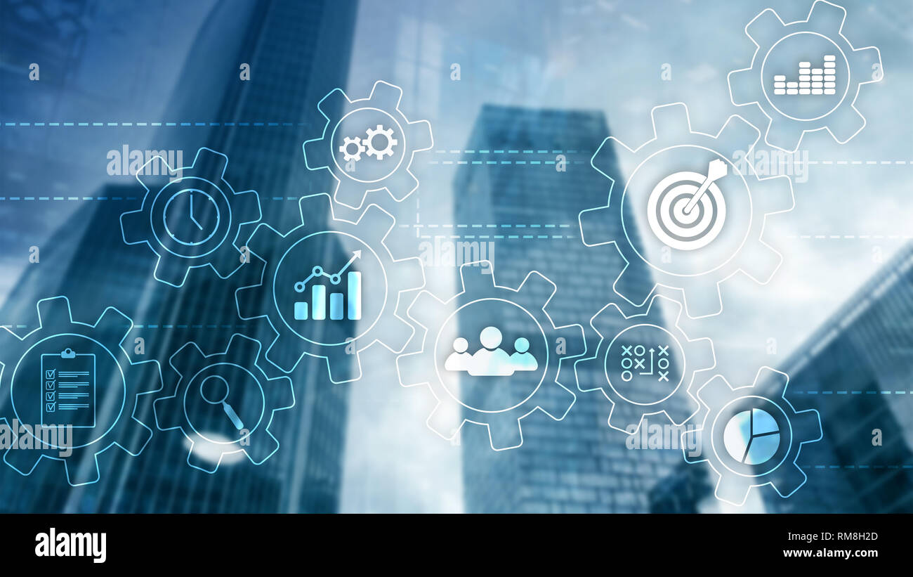 Business process automation concept. Gears and icons on abstract ...