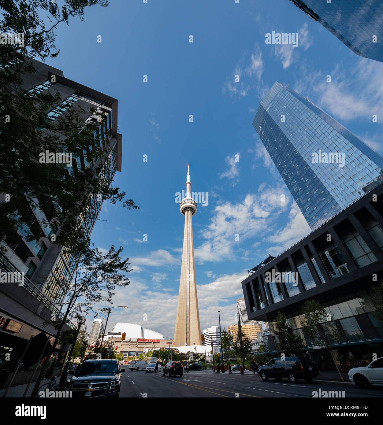 Toronto, SEP 29: Looking up the CN Tower from downtown on SEP 29, 2018 ...