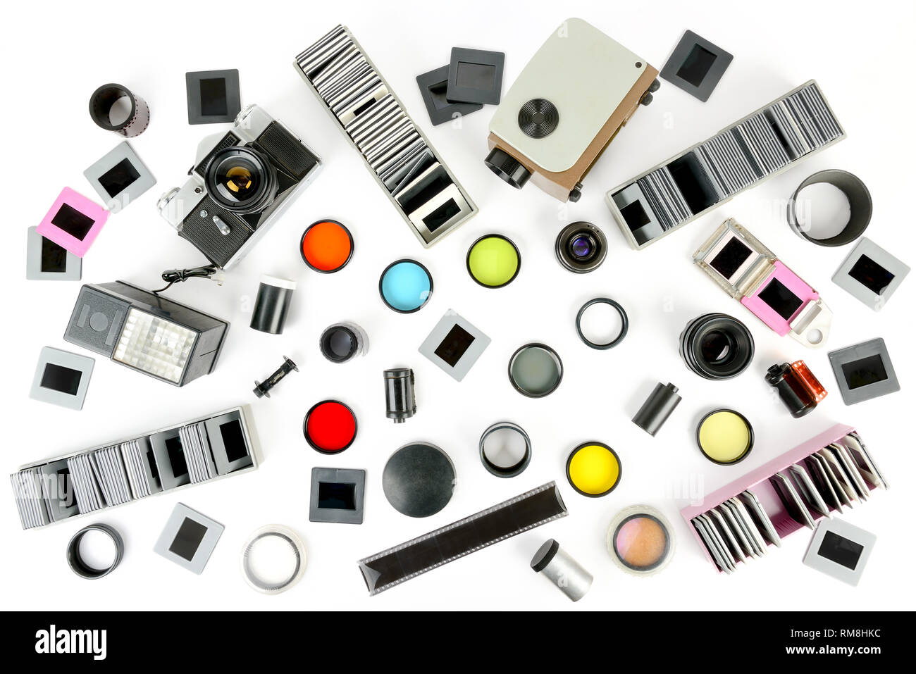 Top view of retro camera and slide projector with accessories isolated ...