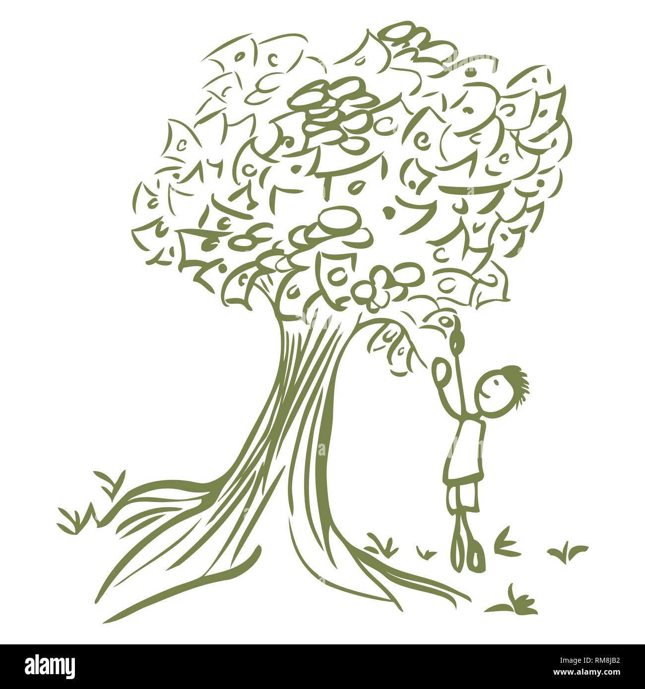 Sketch of a stick man picking money from a tree green outline by ...