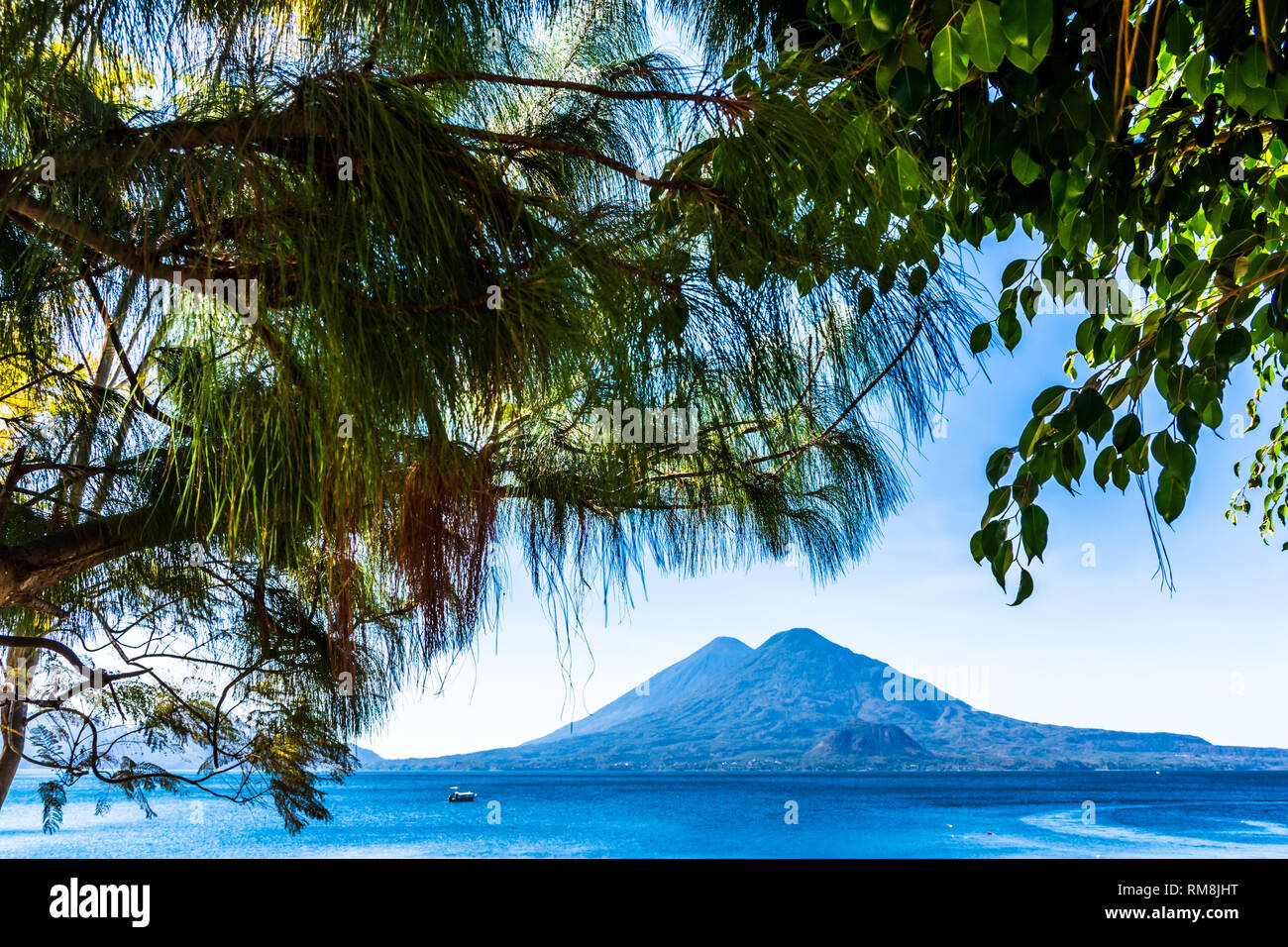 Atitlan & Toliman volcanoes on Lake Atitlan in Guatemalan highlands ...