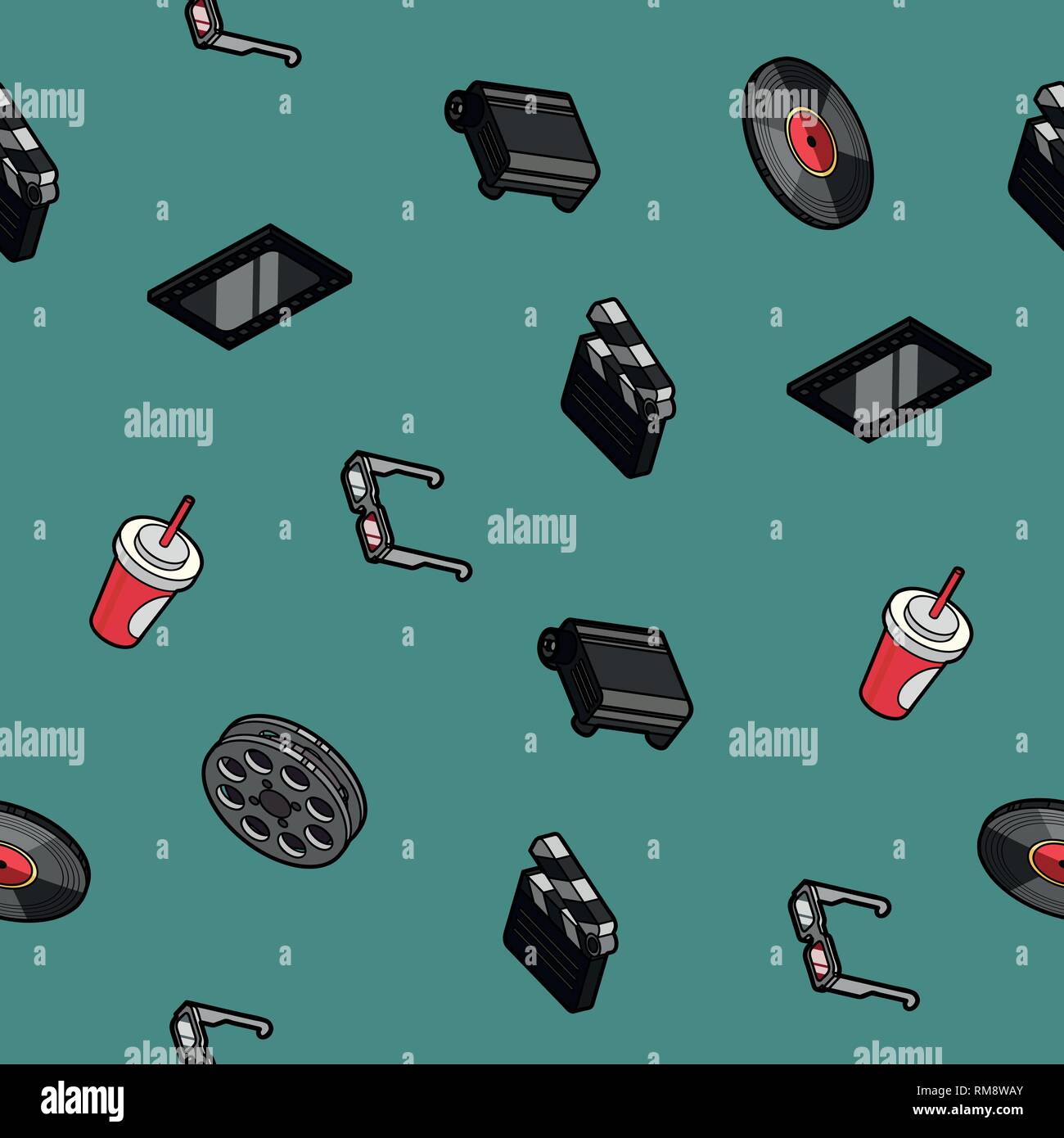 Cinema color outline isometric pattern. Movie and film elements ...