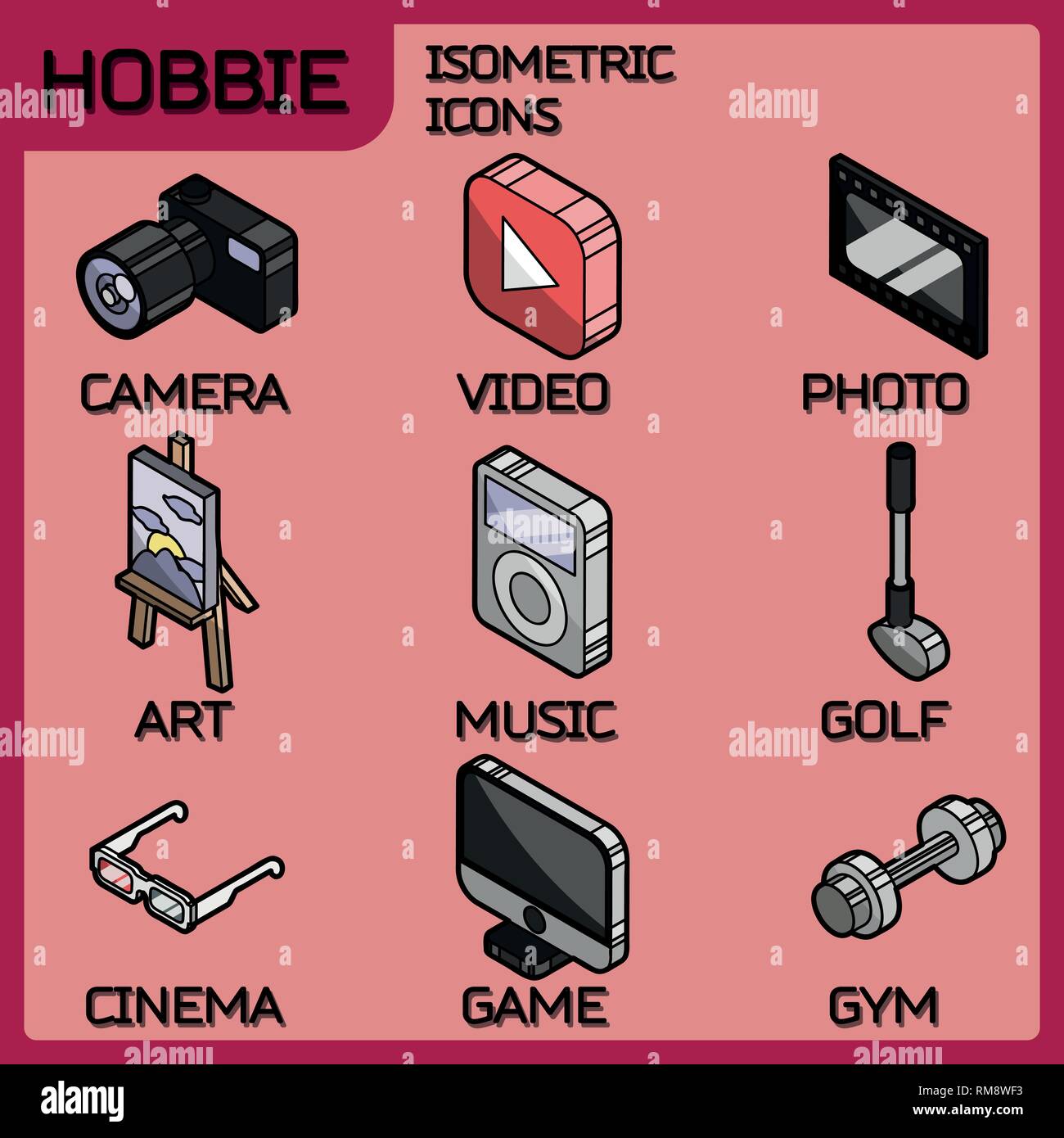 Hobbie color outline isometric icons set and infographics elements ...