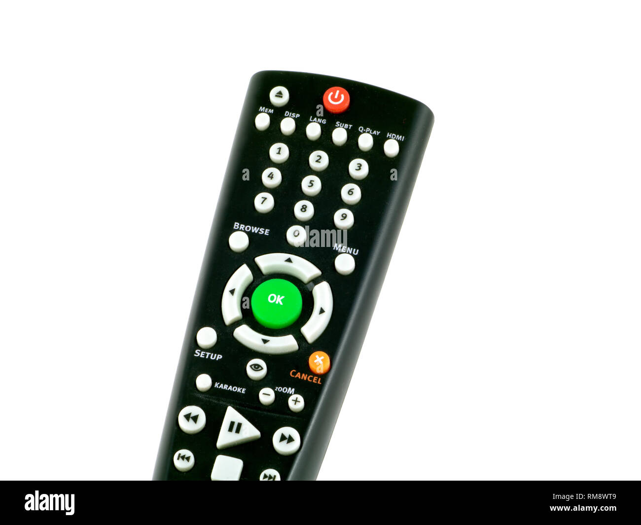 Part of black infrared remote control in black case with many buttons ...