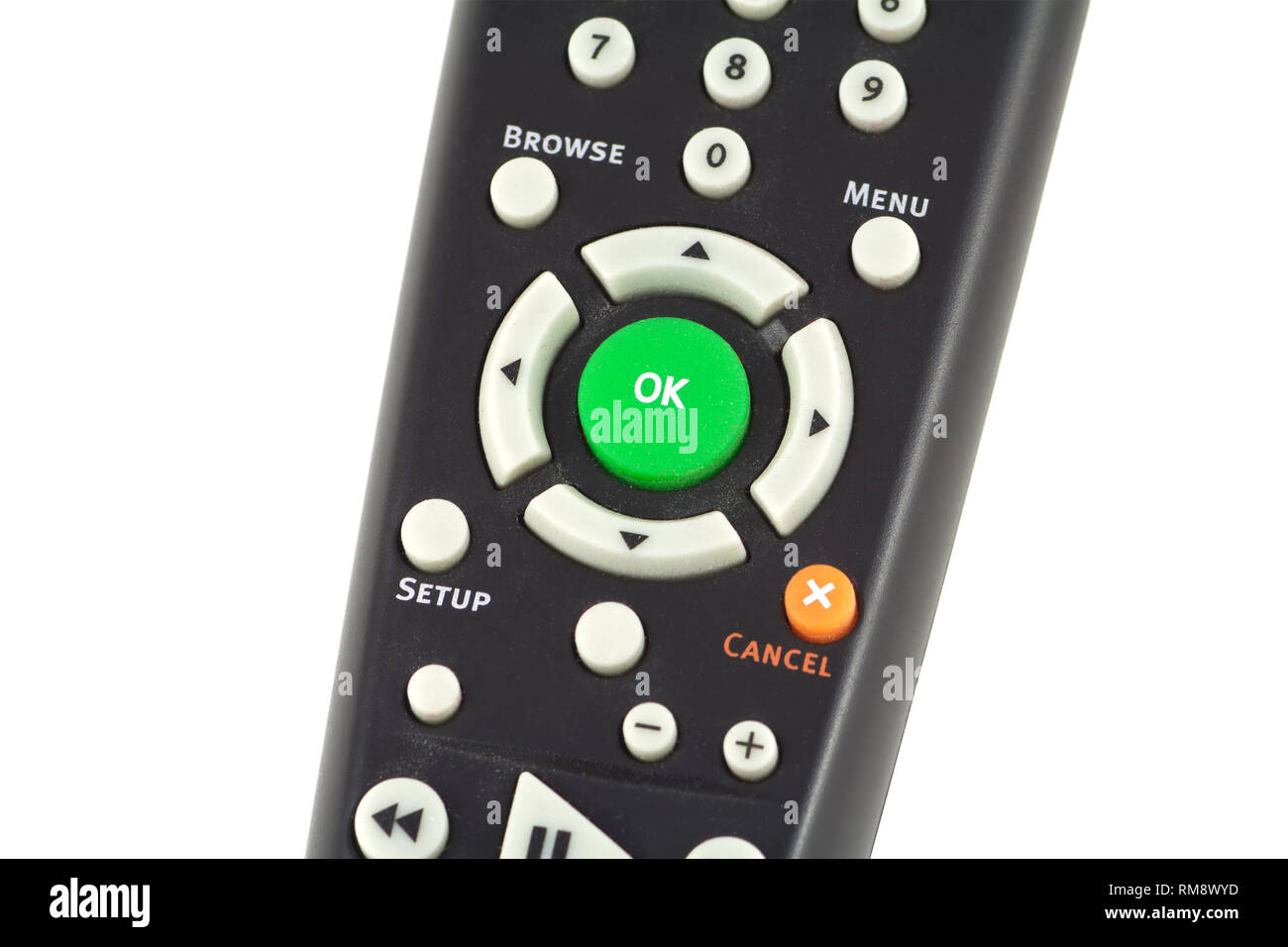 Part ob black infrared Remote Control with white keys isolated on white ...