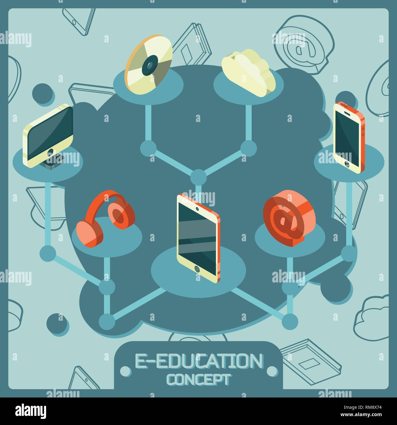 E Education Color Isometric Concept Icons Vector Illustration Stock
