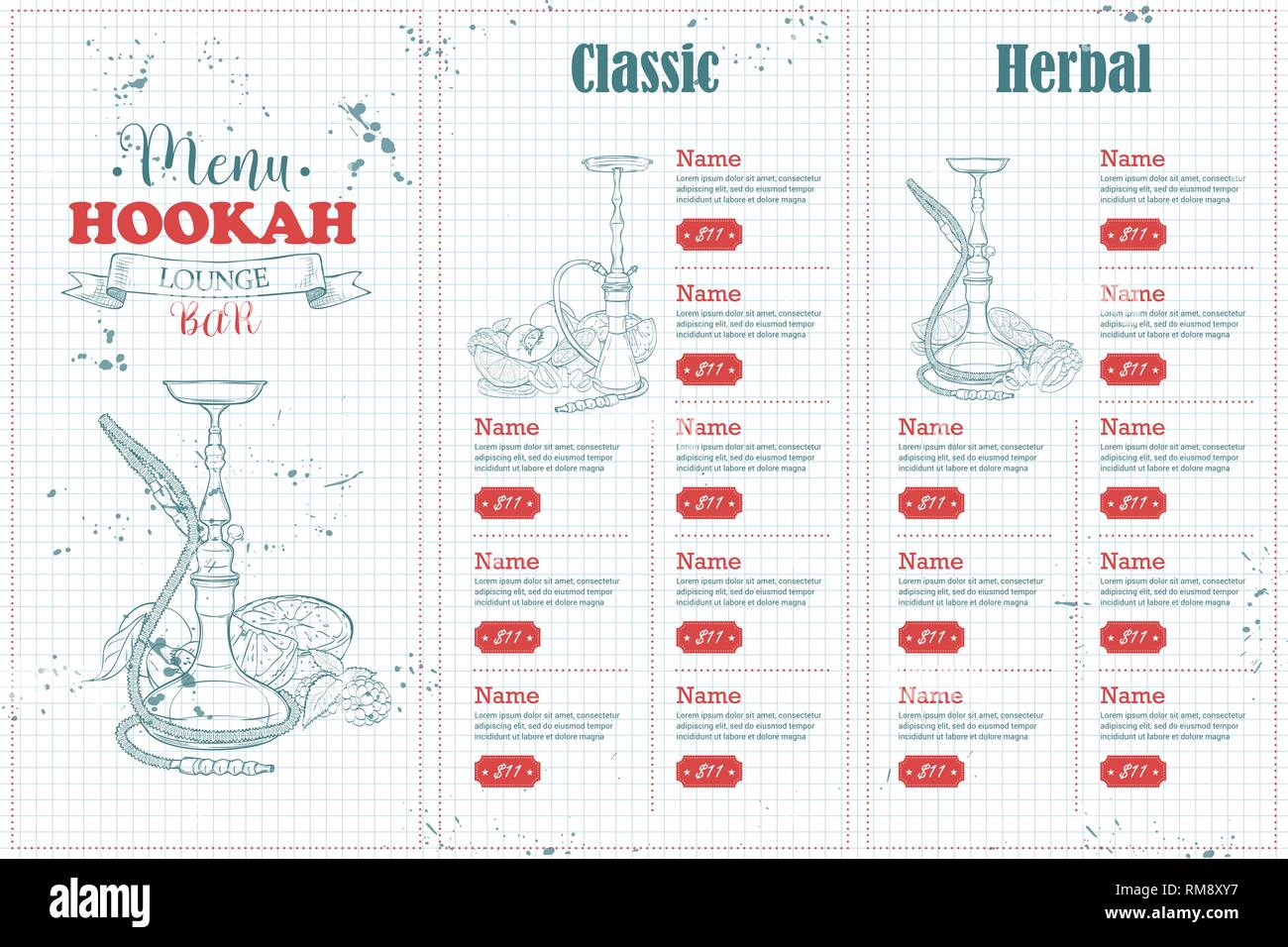 Vector color menu design back page hookah bar fruits on notebook page ...