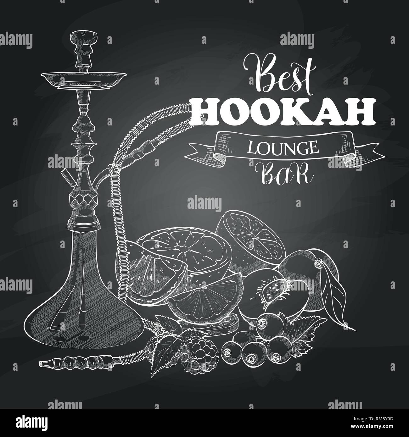 Vector sketch hookah with fruits and citrus on chalkboard Stock Vector ...