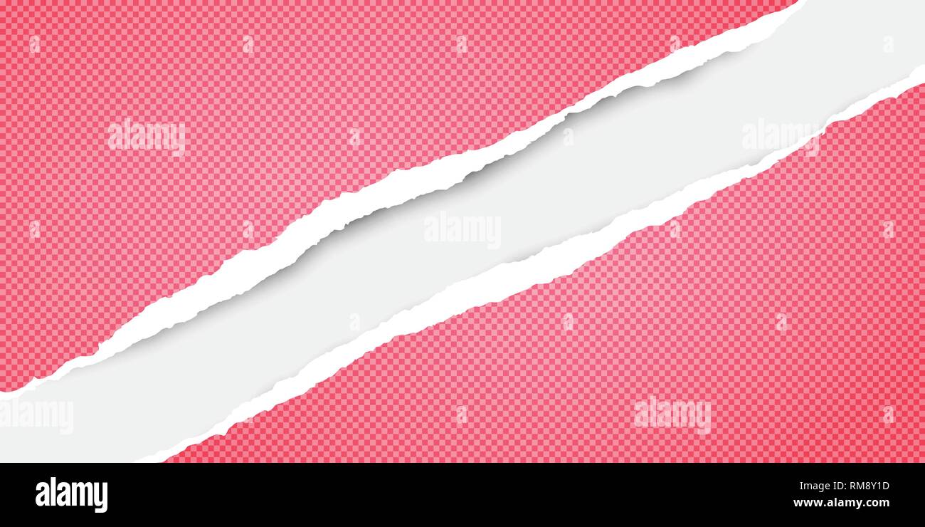 Diagonal torn red squared paper strips for text or message are on white ...