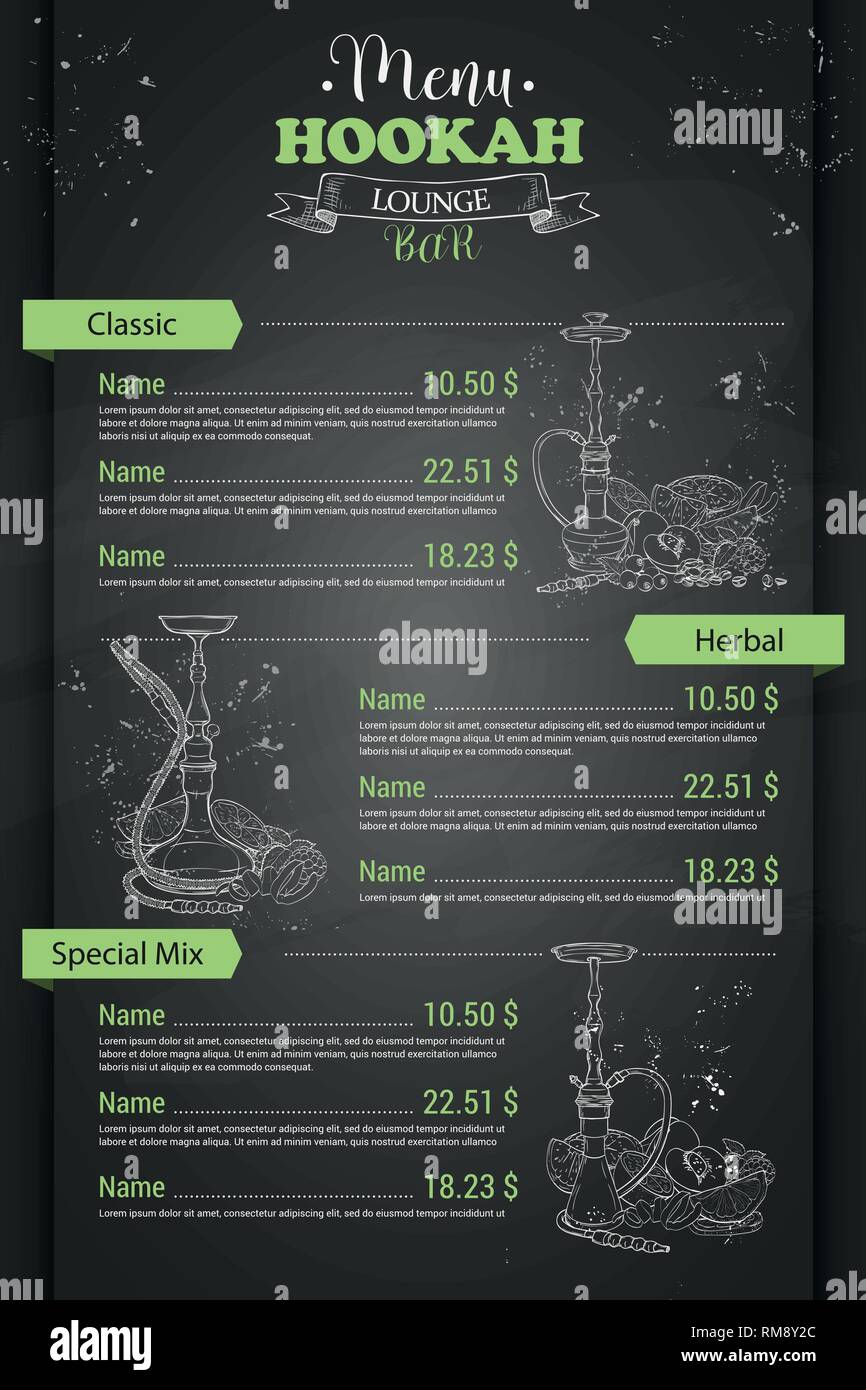 Vector vertical color menu design back page hookah bar on a chalkboard ...