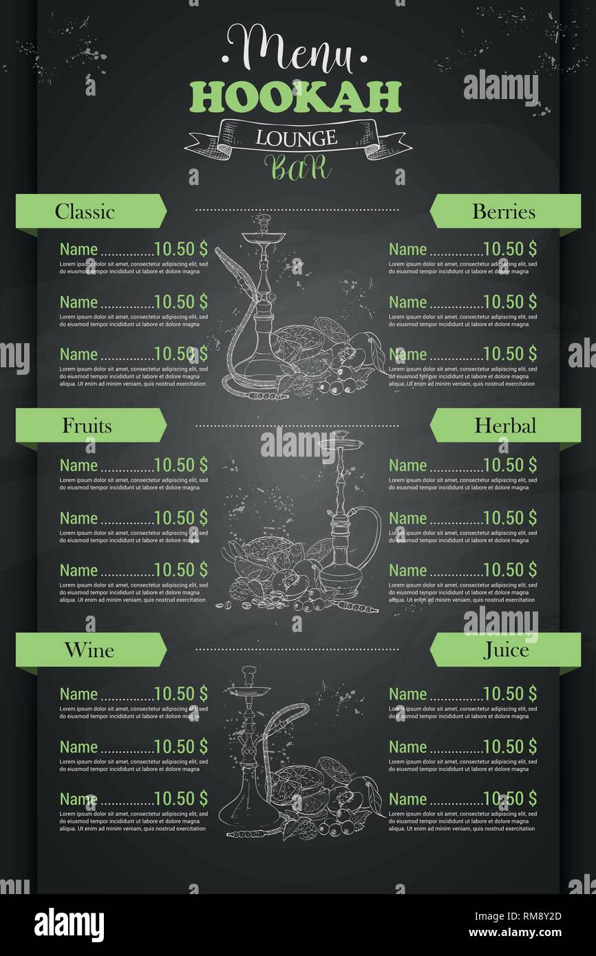Vector vertical color menu design back page hookah bar on a chalkboard ...