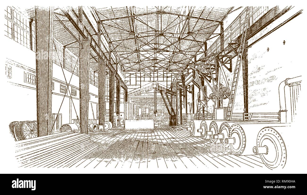 Interior view of a historic machine shop (after an engraving or etching ...