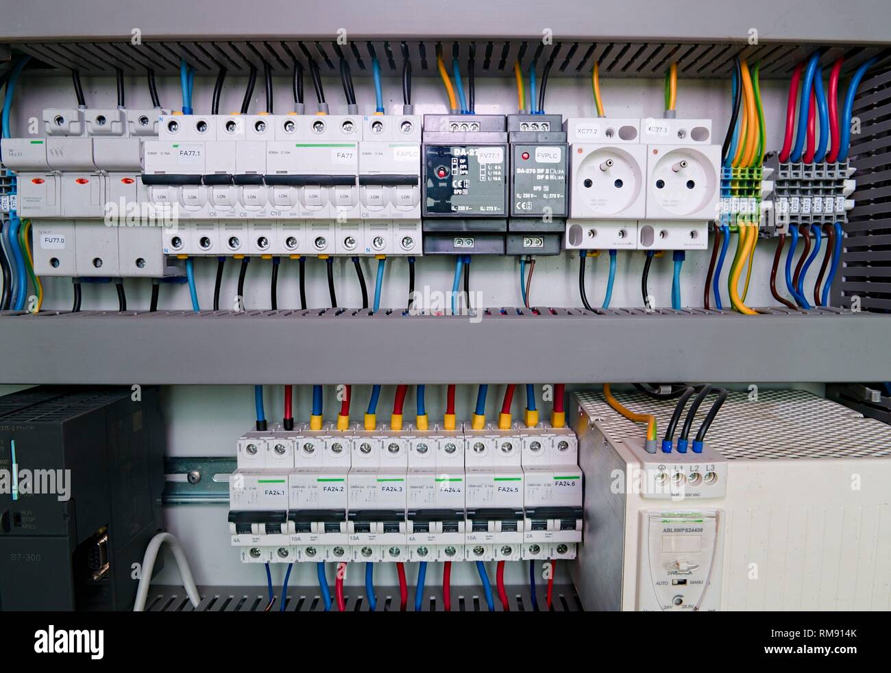 Image shows control cubicle. Electric device and circuit breakers ...