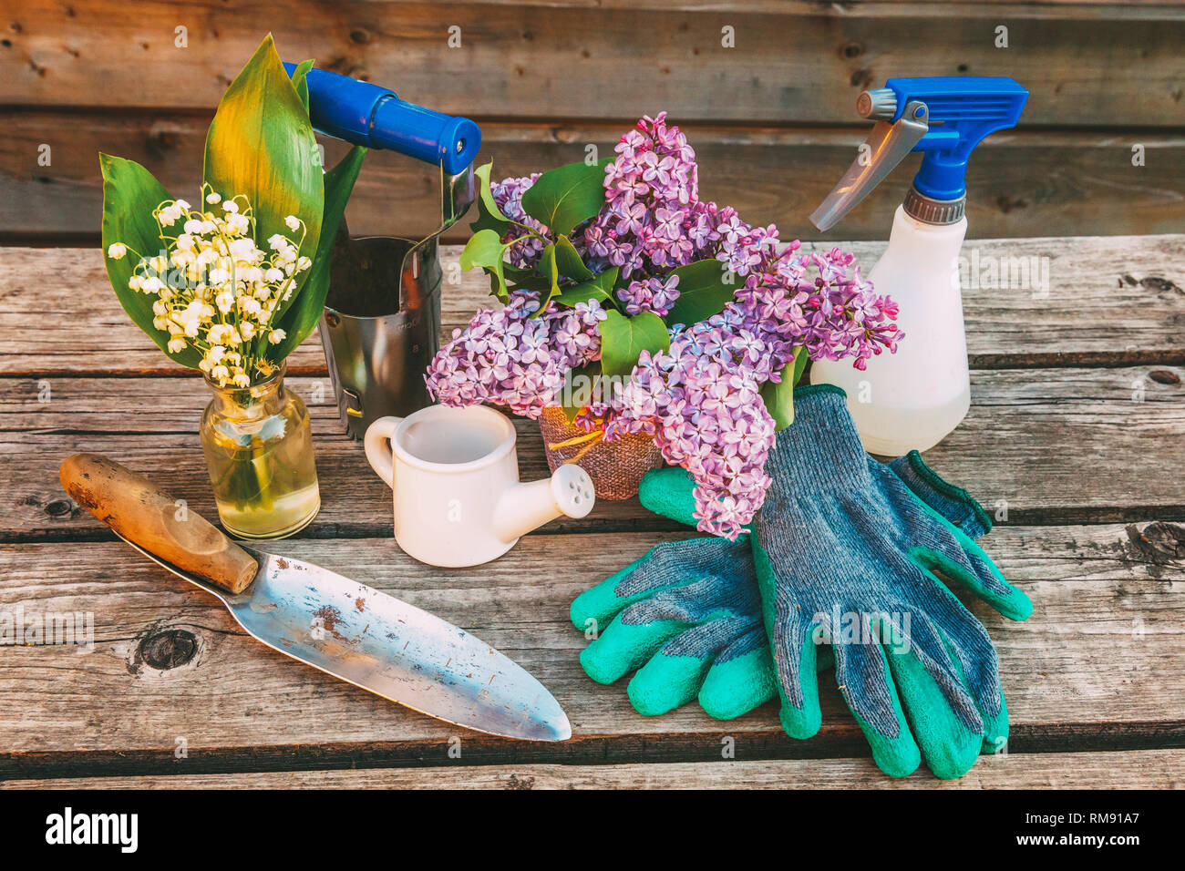 Gardening tools, watering can, shovel, spade, pruner, rake, glove ...