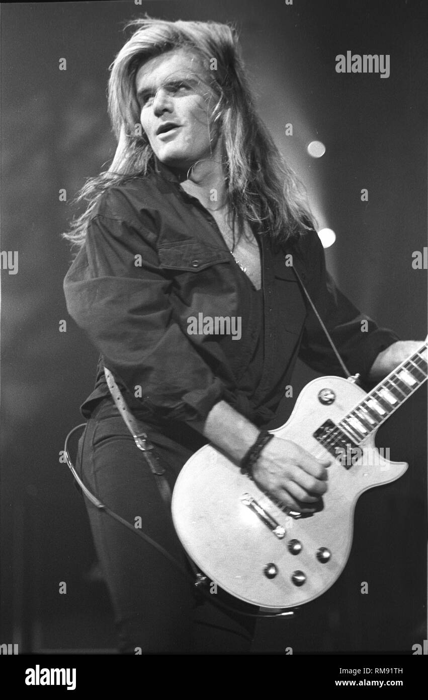 Guitarist Billy Duffy of The Cult is shown performing on stage during a ...