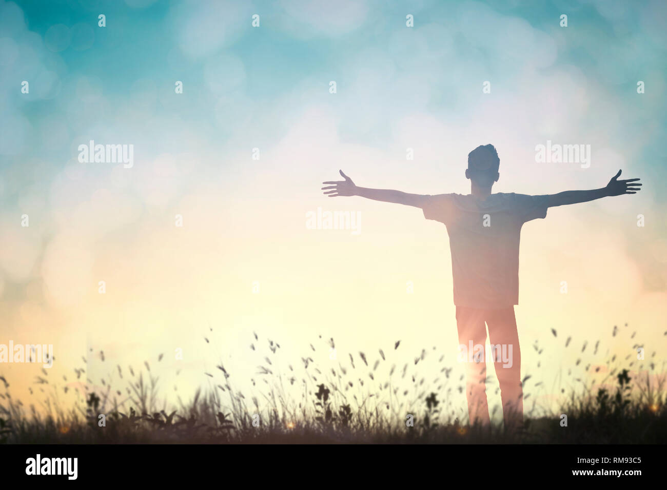 Happy man rise hand on morning view. Christian inspire praise God on ...