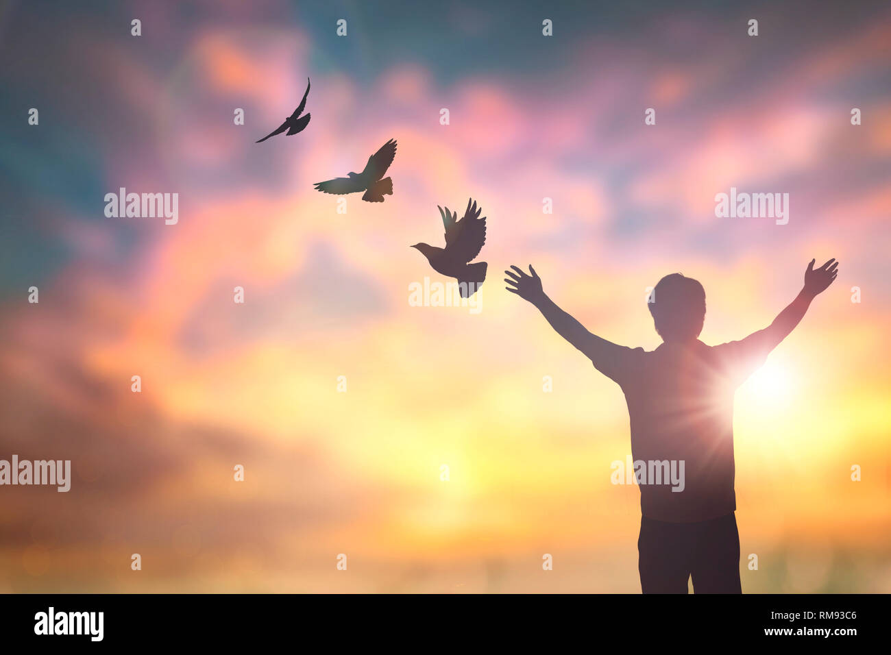 Happy man rise hand on morning view. Christian inspire praise God on ...