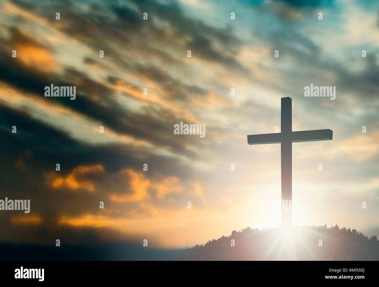 Silhouette of Jesus with Cross over sunset concept for religion ...