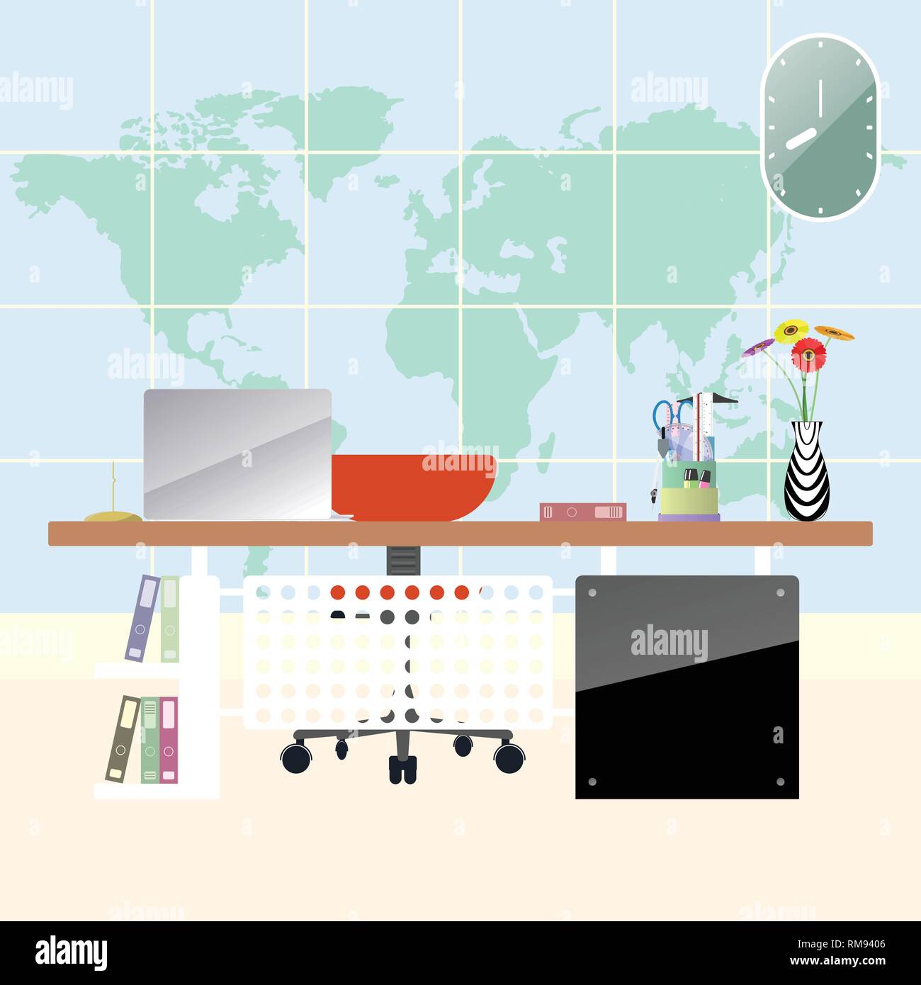 Illustration of flat modern workplace in room. Creative office ...