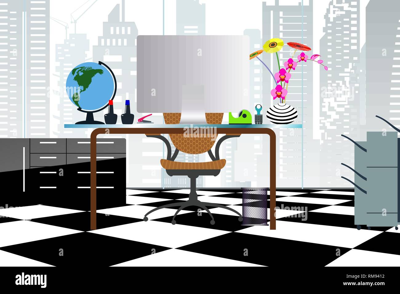 Business concept a desktop at office flat style with atrium buildings ...