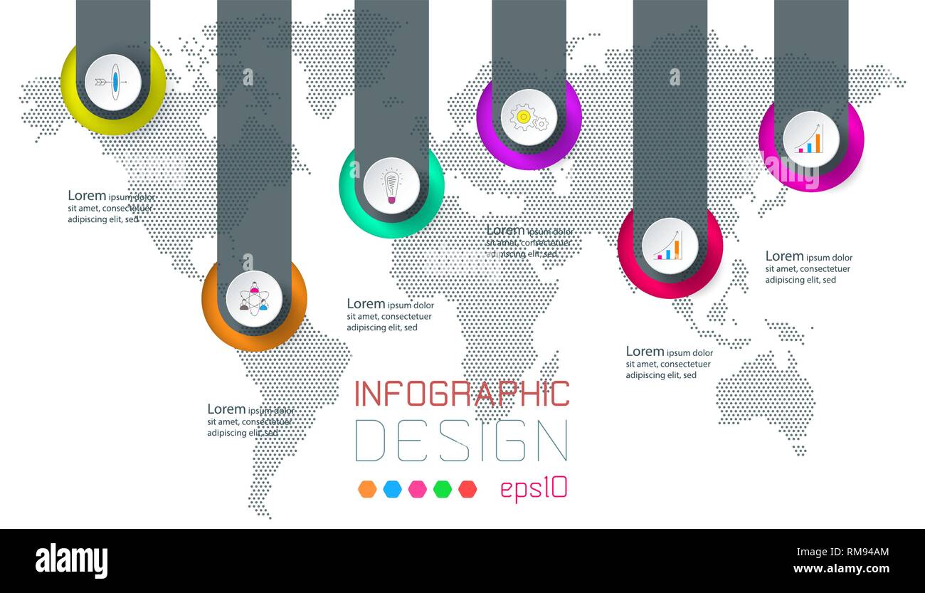 Six labels with business icon and world map background infographics ...