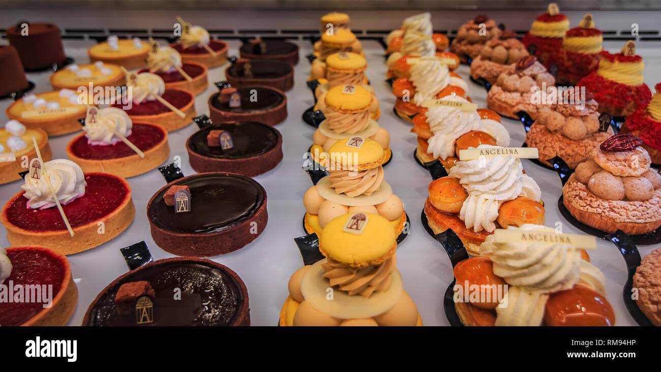 Paris, France - January 21, 2015: Delicate petit fours desserts at the ...