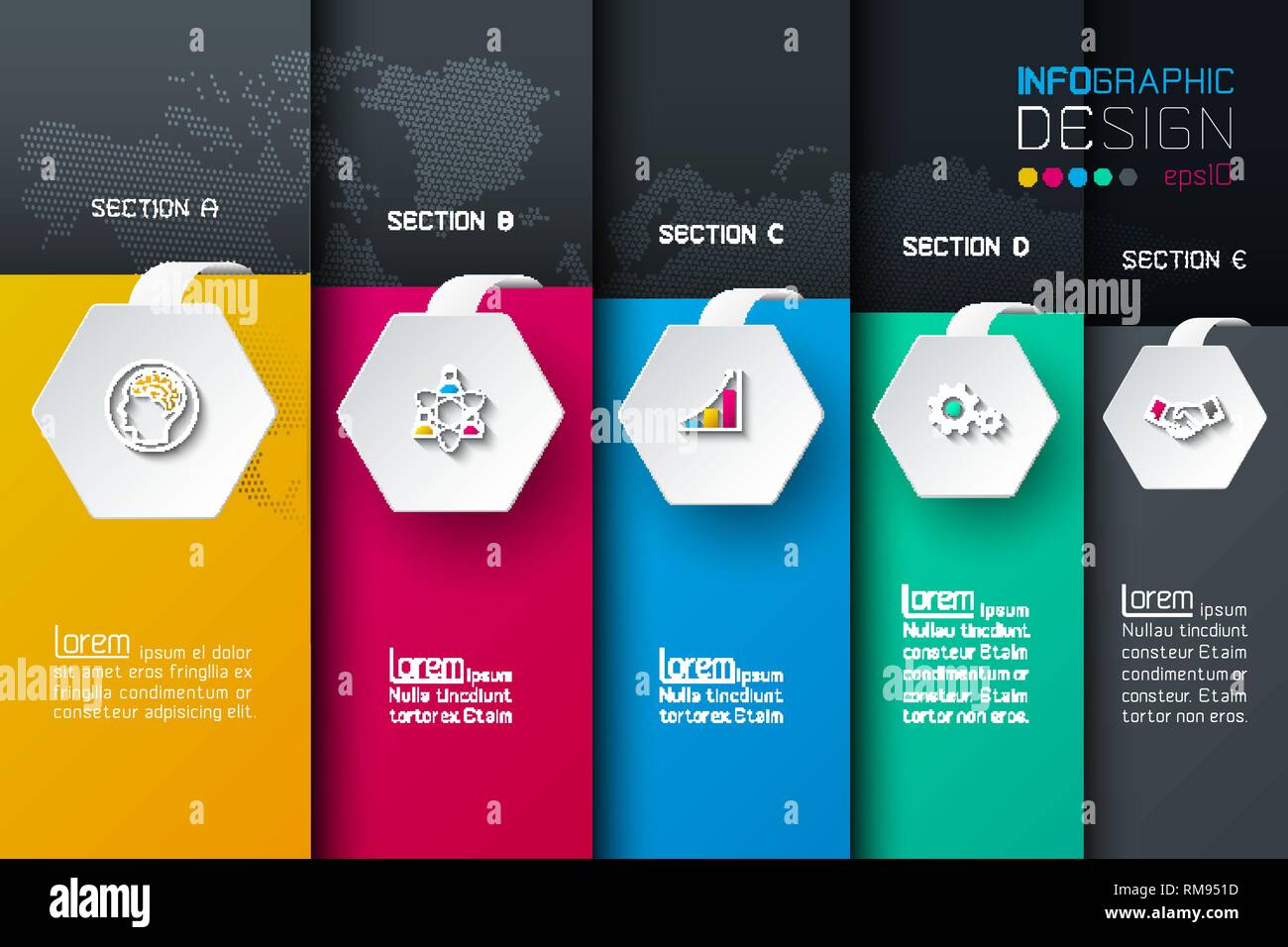 Business hexagon net labels shape infographic with dark background ...